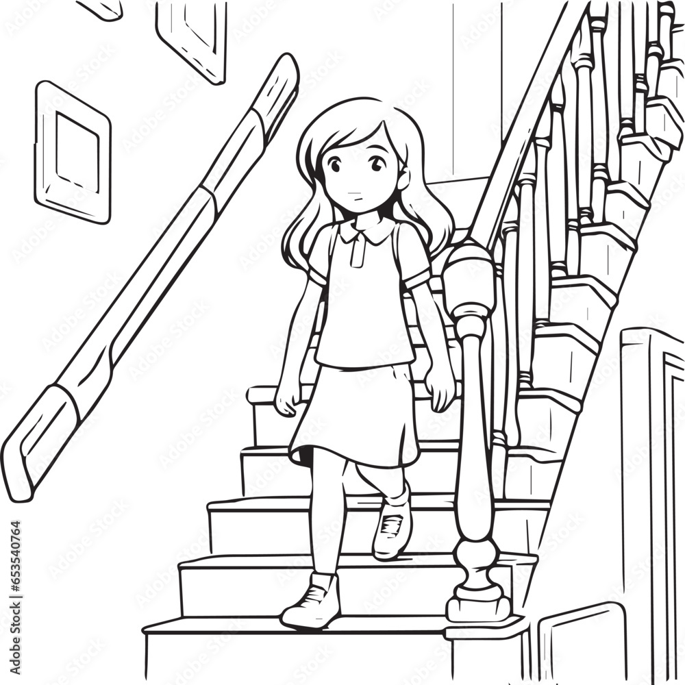Girl Down in the Stair Line art coloring page vector illustration Stock ...