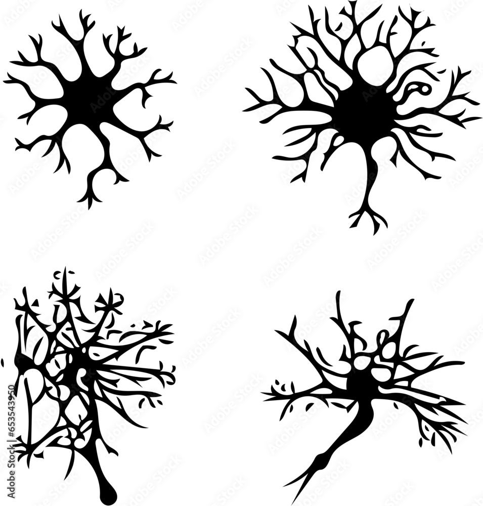 Vector illustrations of neurons in black and white, brain cells ...
