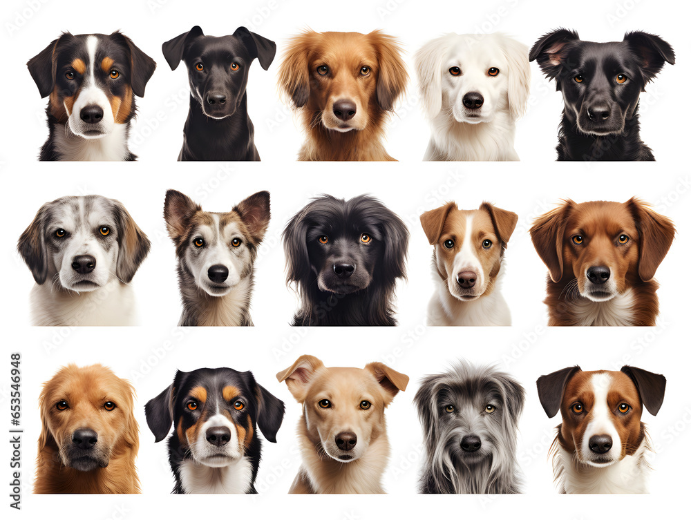 Set of dog faces on white background. A variety of types and colors ...