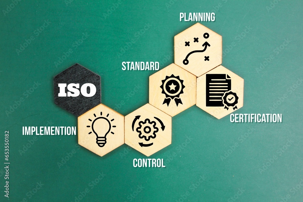 hexagon with iso standard 14001 icon. ISO standards quality control ...