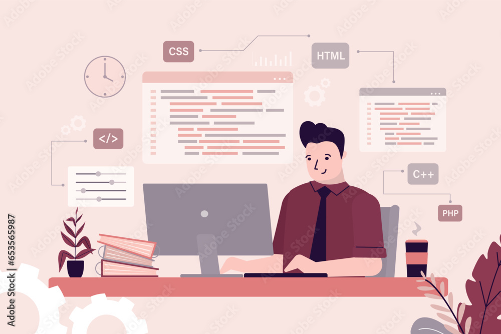 Programmer Or Coder Sitting At Desk Website Designer Developer Social Media Wireframe Concept