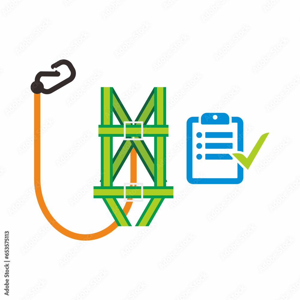 Safety full body harness checklist inspection icon and symbol. Working ...