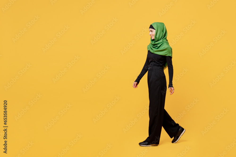 Full body side profile view young arabian asian muslim woman wearing ...