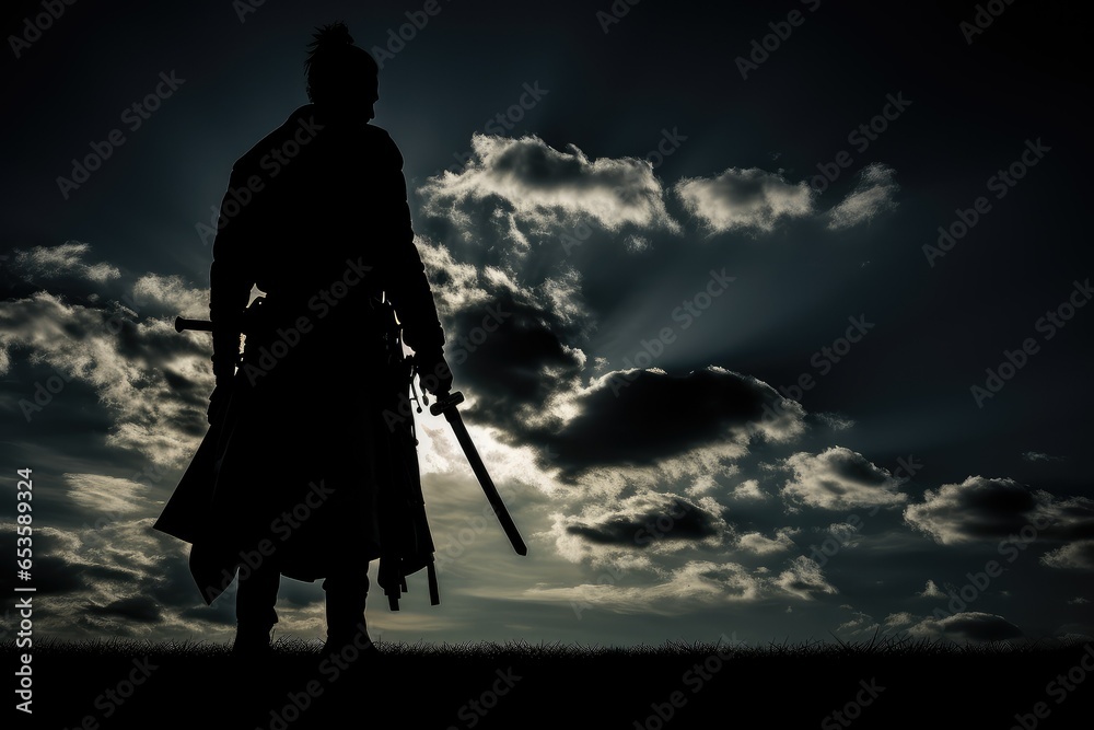 Silhouette of a medieval warrior with a sword in the field, Samurai ...