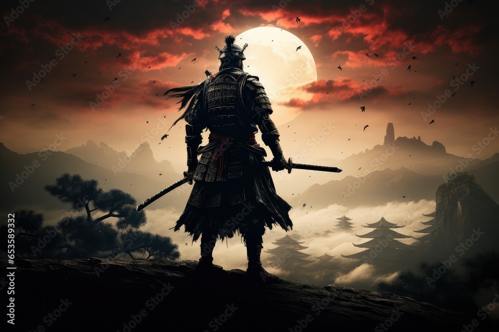 Samurai warrior with sword against the background of the mountains and ...