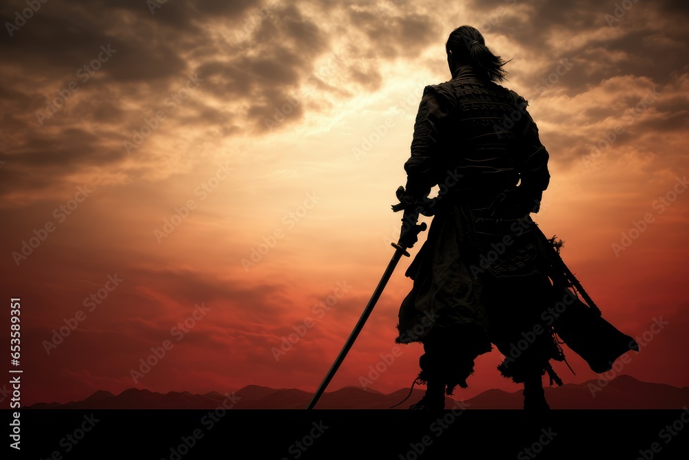 Silhouette of samurai with sword against the sunset sky, samurai rear ...