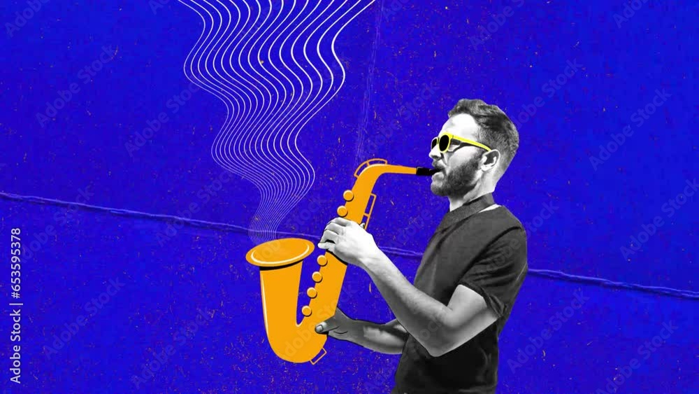 Young man, musician playing saxophone against blue abstract background ...