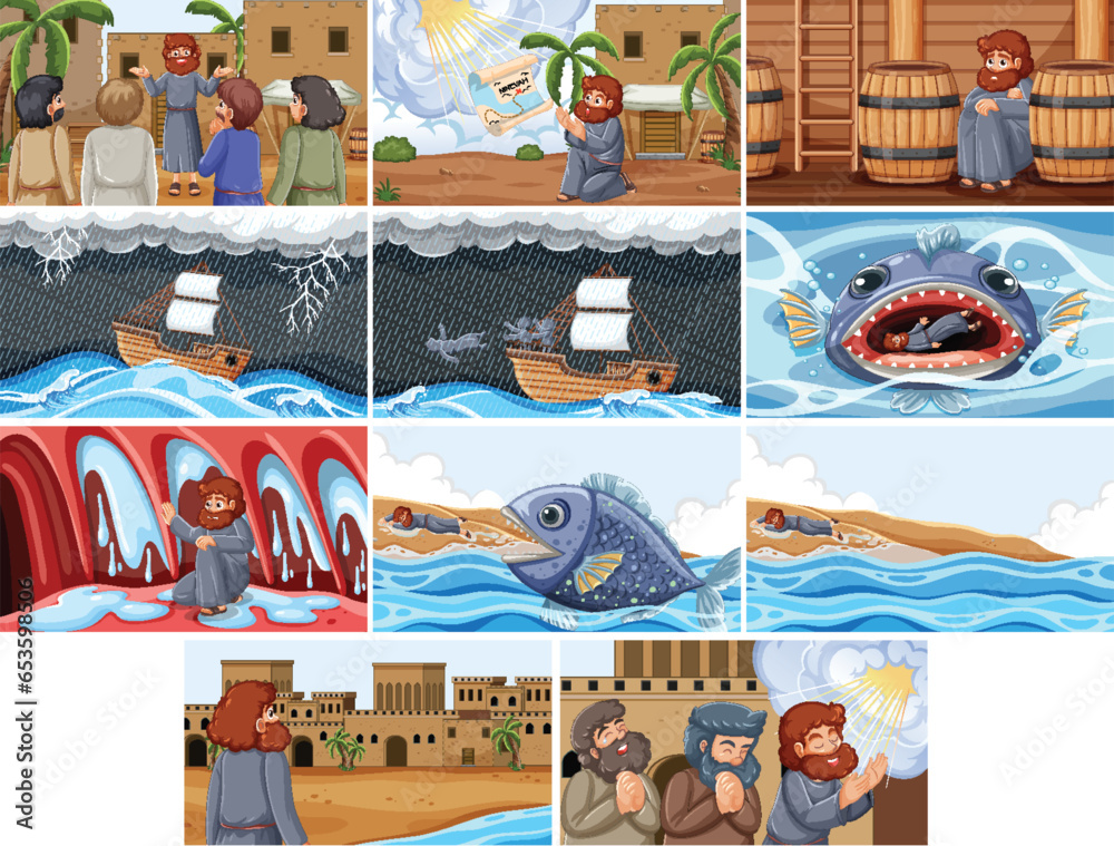 Scenes from the Bible story of Jonah and the Big Fish Stock Vector ...
