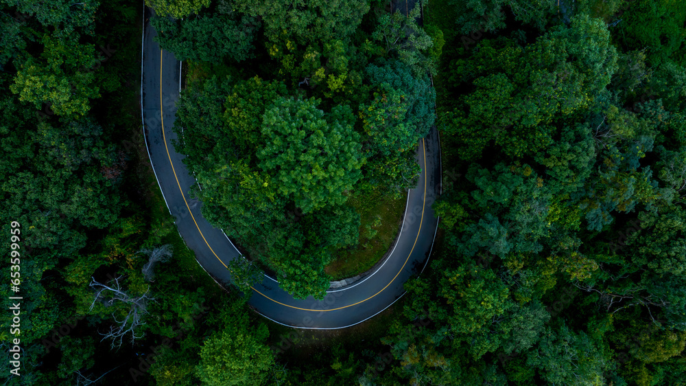 Aerial top view road in forest with car motion blur. Winding road ...