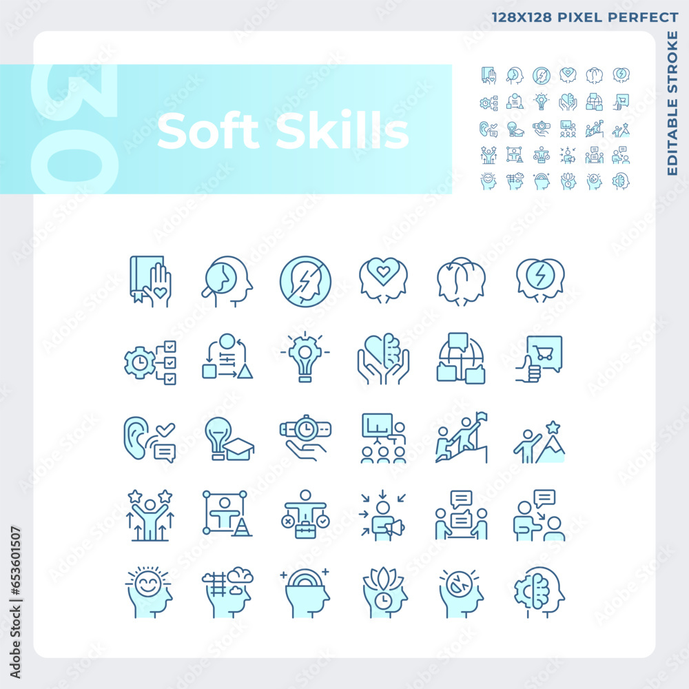 2D pixel perfect blue icons pack representing soft skills, editable ...