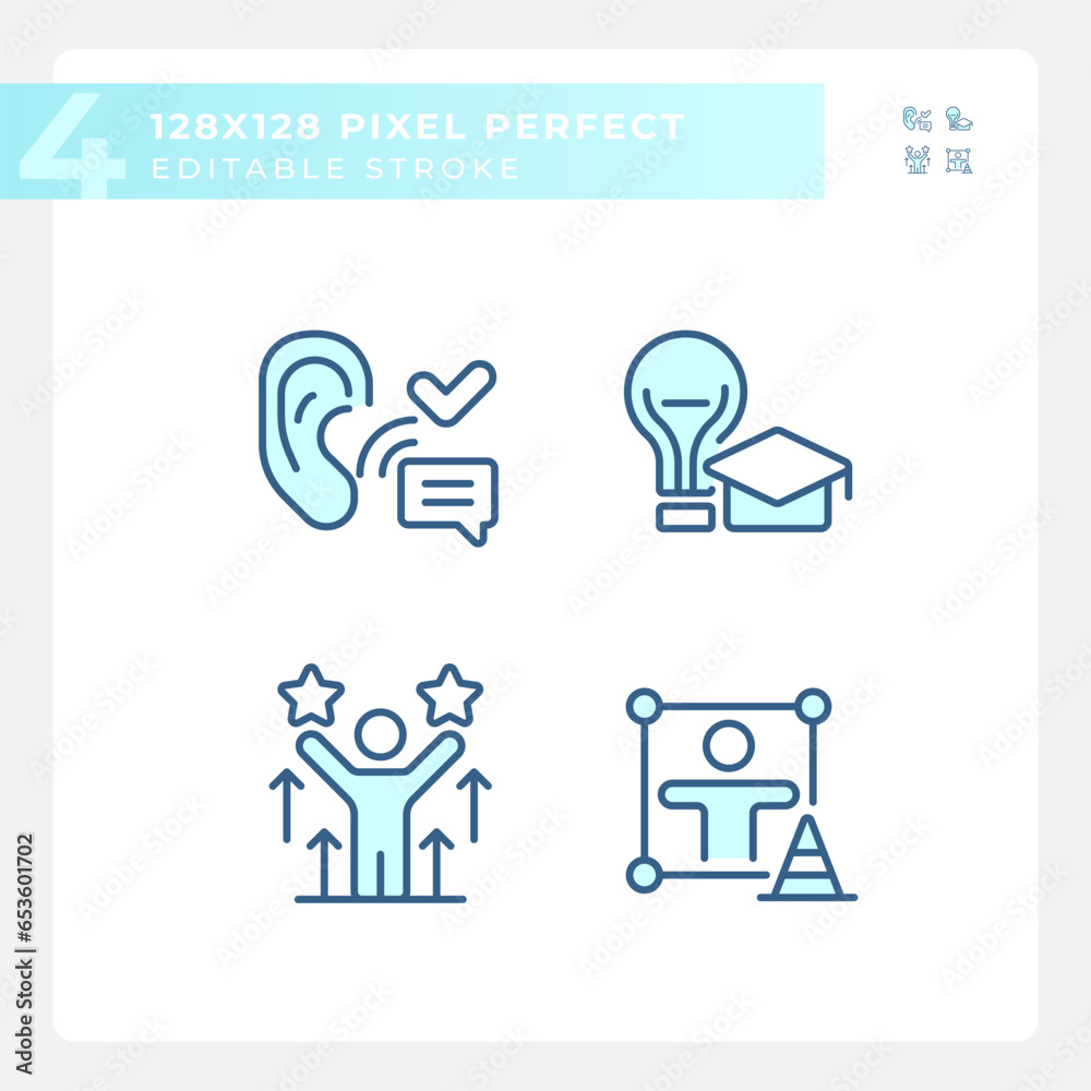 2D pixel perfect set of blue icons representing soft skills, editable ...