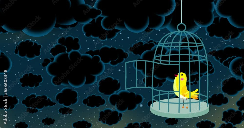 Freedom of a yellow bird captive in a cage sky night version. Cartoon ...