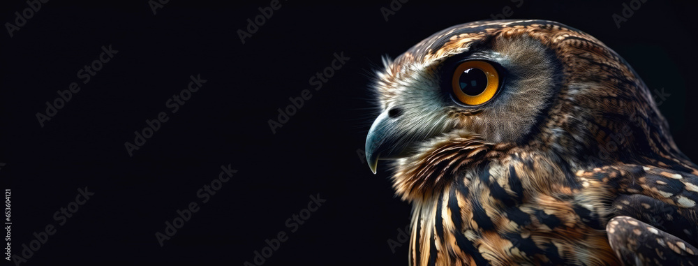 Owl head in profile or side close up. Panoramic image of the owl's head ...