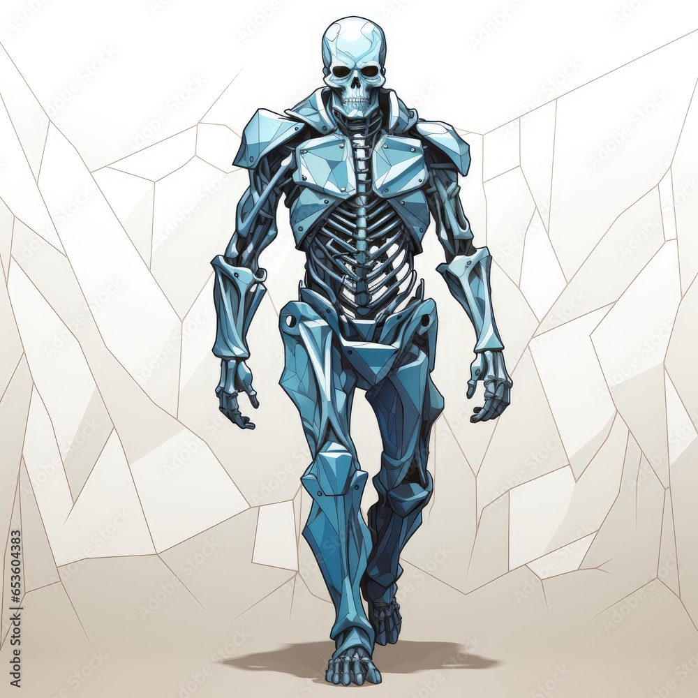 Black and white 3D illustration of an armored skeleton and skull ...