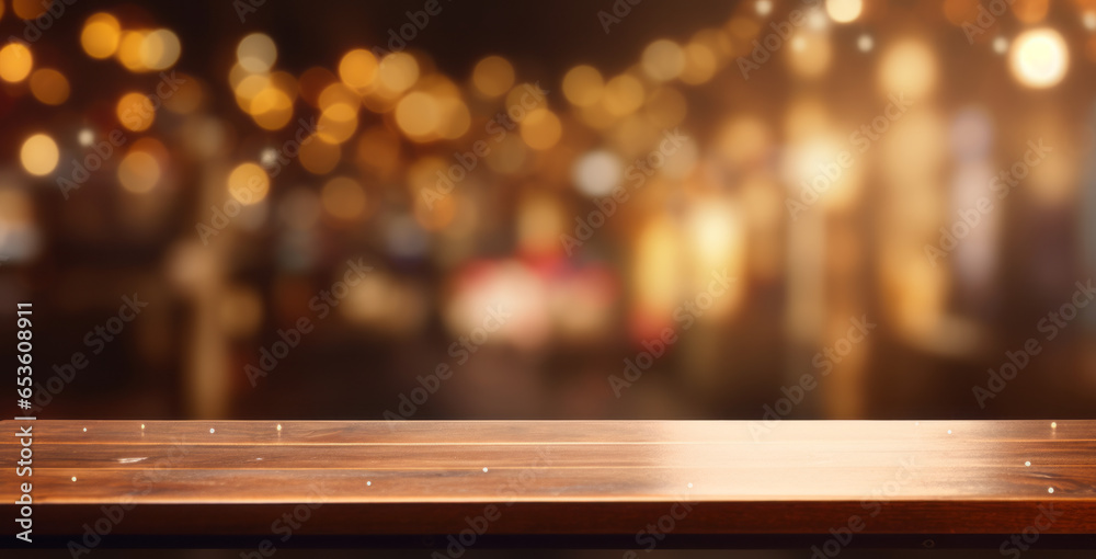 Top of wooden table on blur background with lights of bar, cafe, coffee ...