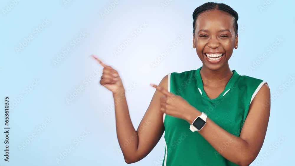 Netball, black woman point and studio sports info, fitness training or ...