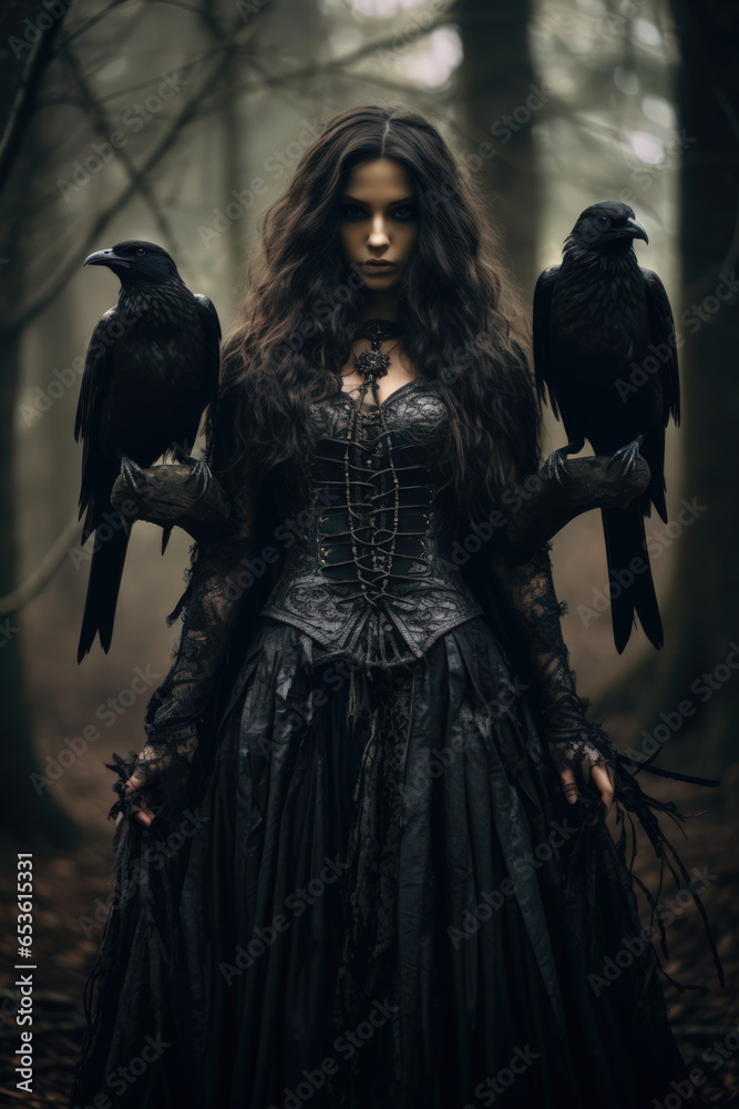 Beautiful forest witch posing with ravens. Woman wearing tribal dress ...