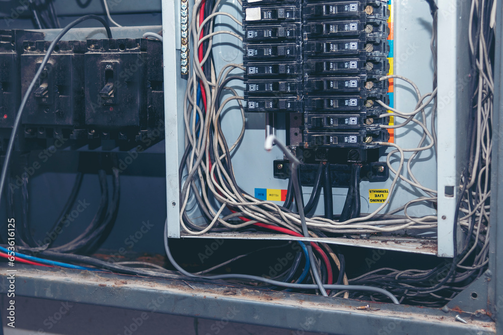 Electrical mechanic technician check wire electric cabinet. Inspector ...