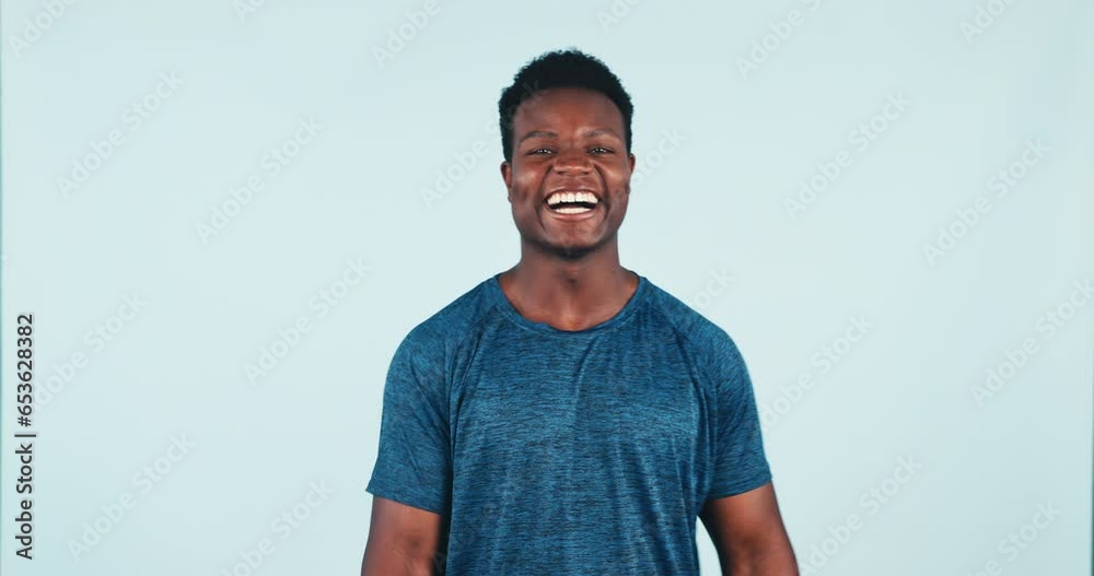 Happy, fitness and black man flexing arms in studio for muscle ...