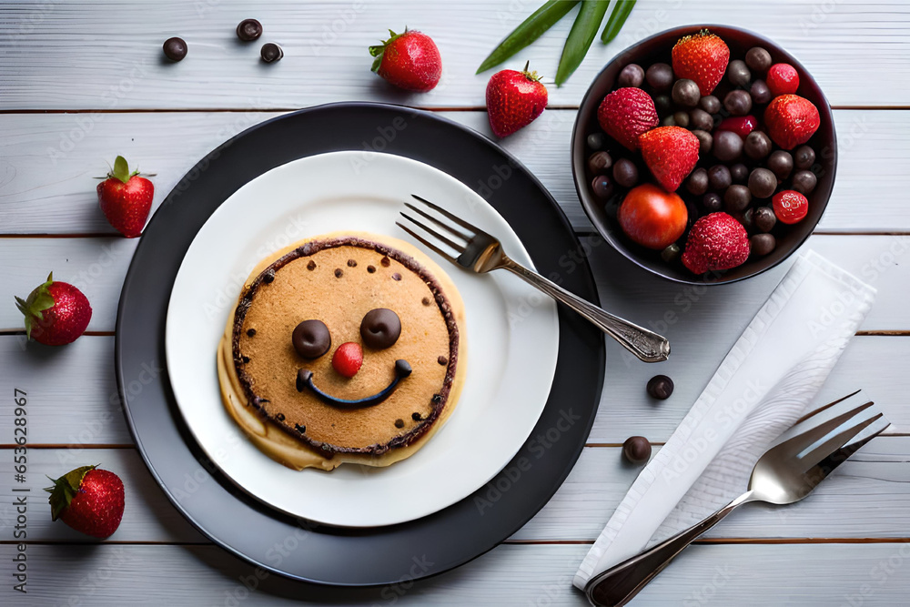 a plate of pancakes with a classic smiling emoji face made from ...