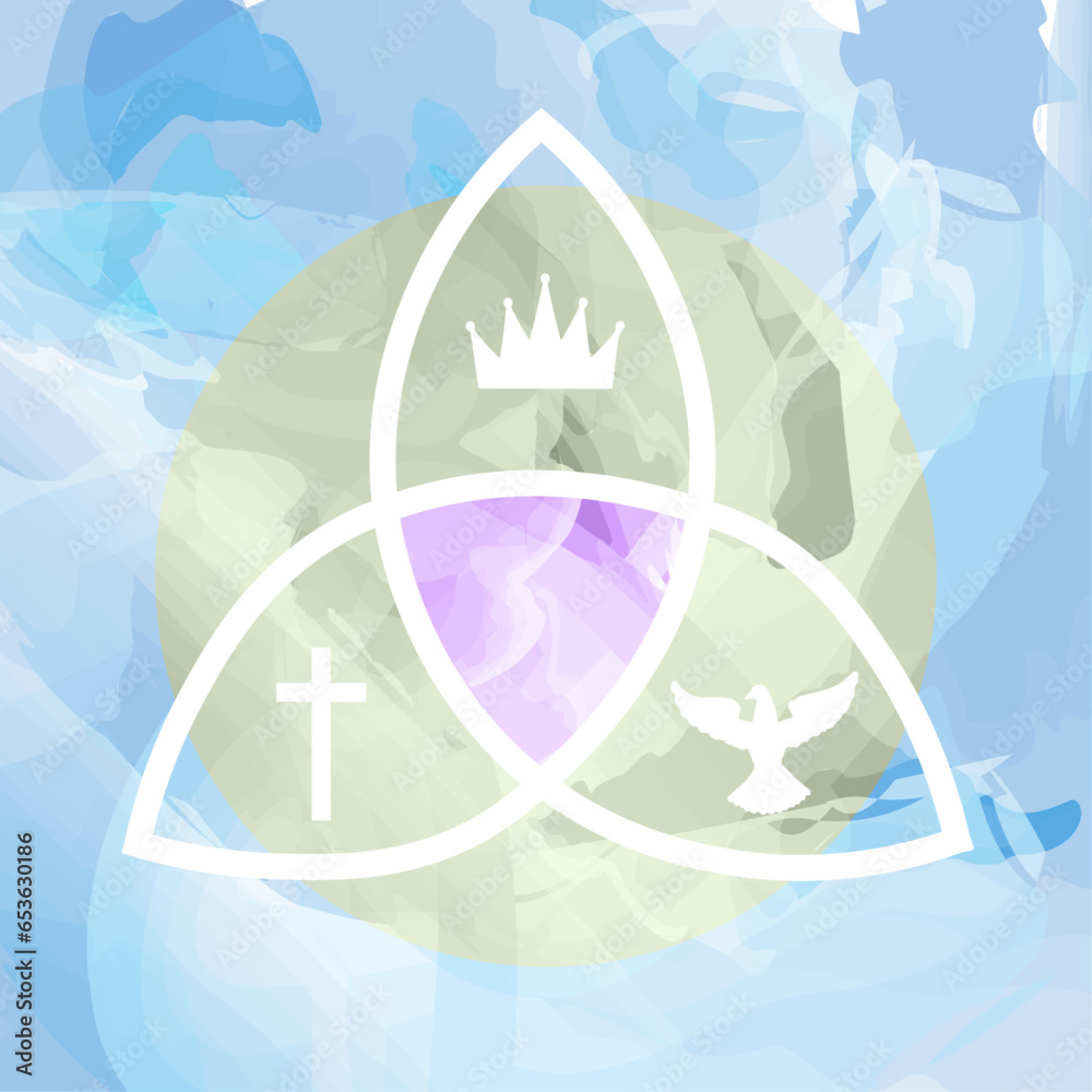 Trinity Sunday Logo on watercolor background. Crown, cross, holy spirit ...