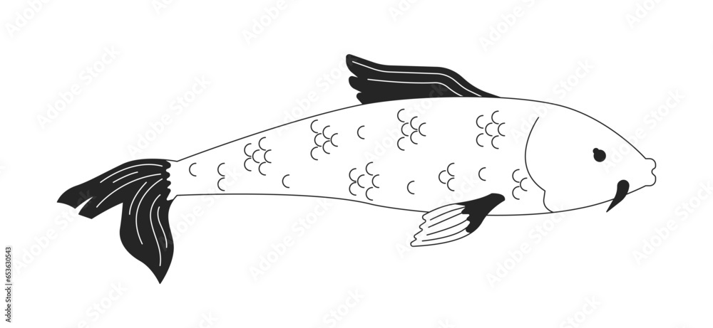 Cute goldfish with whiskers black and white 2D line cartoon character ...