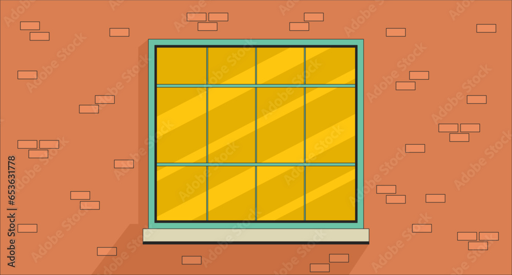 Brick building window outside line cartoon flat illustration. Retro ...
