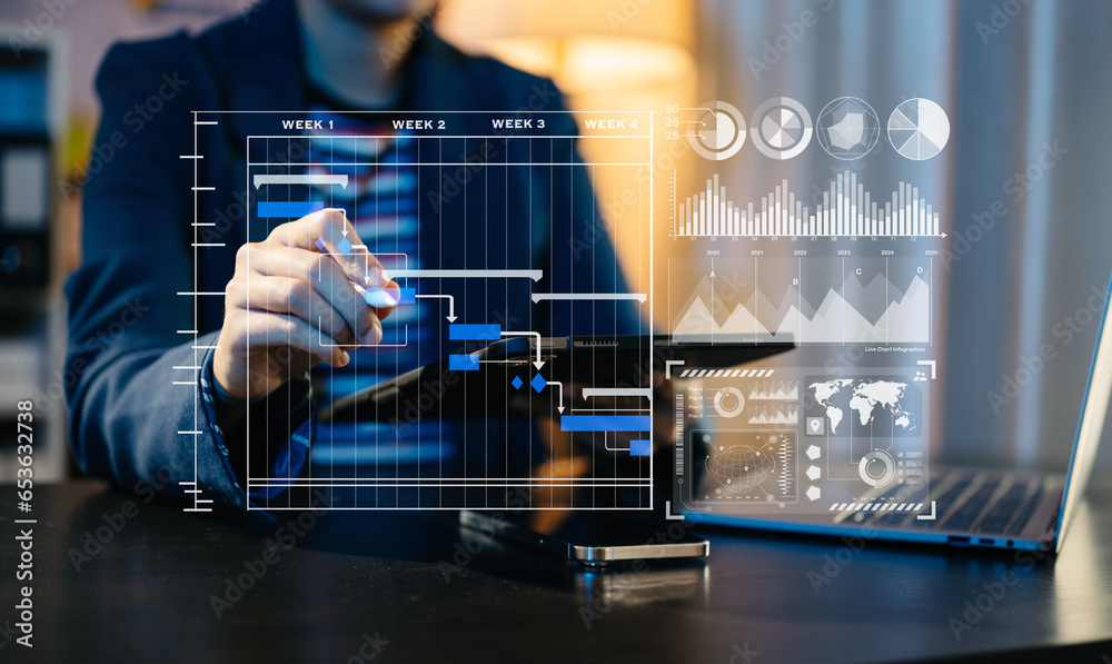 Businessman hand Project manager working and update tasks and Gantt ...