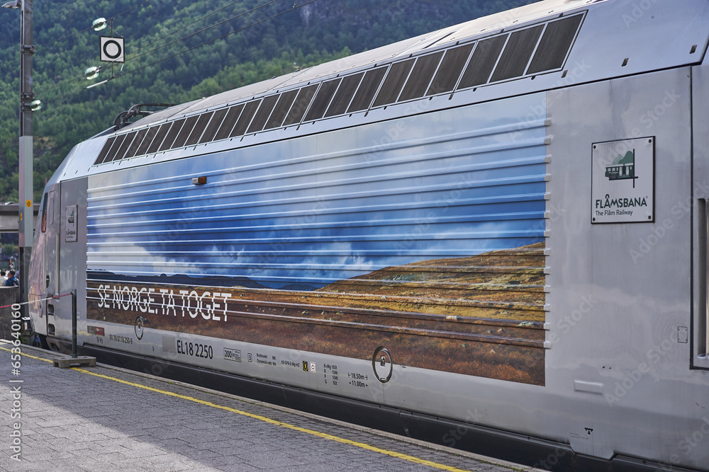 Modern electric locomotive of Flamsbana train, very popular summer ...