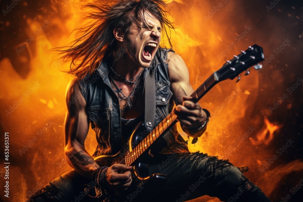 Portrait of rock singer man keeping electric guitar and static acoustic ...