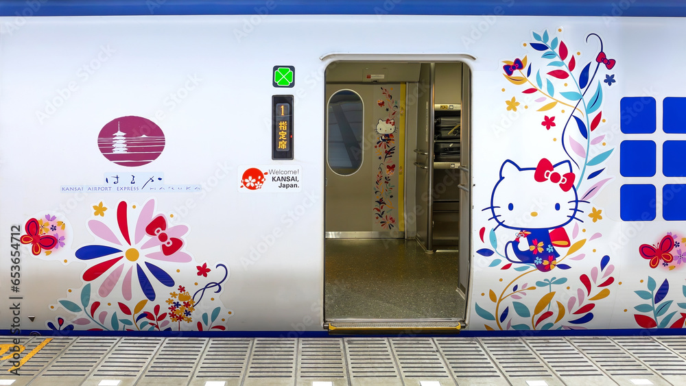 Osaka, Japan - March 28 2023: Hello Kitty Haruka Express operated by JR ...