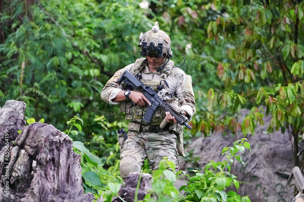 Military army soldiers tactical team, commando group moving cautiously ...