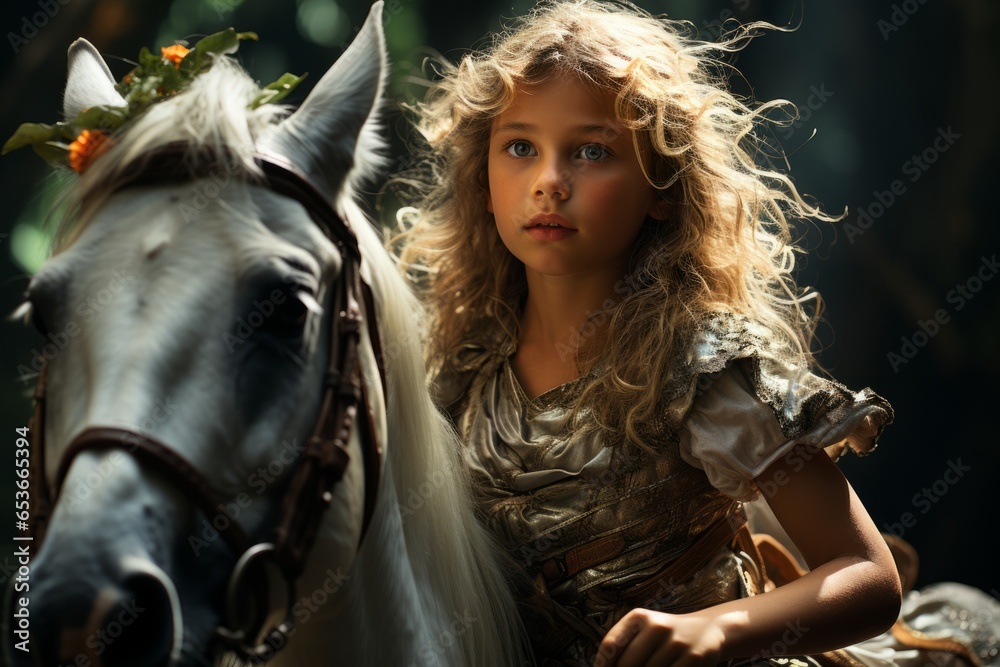 Young boy or girl dressed as a horse rider, exploring an enchanting ...