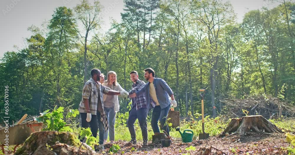 Multicultural group of happy enthusiastic people giving hive fives in ...