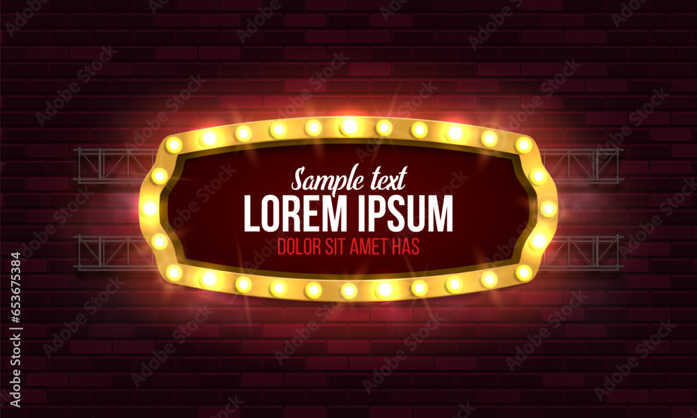 Shining retro billboard on brick wall background. Vintage bright sign ...