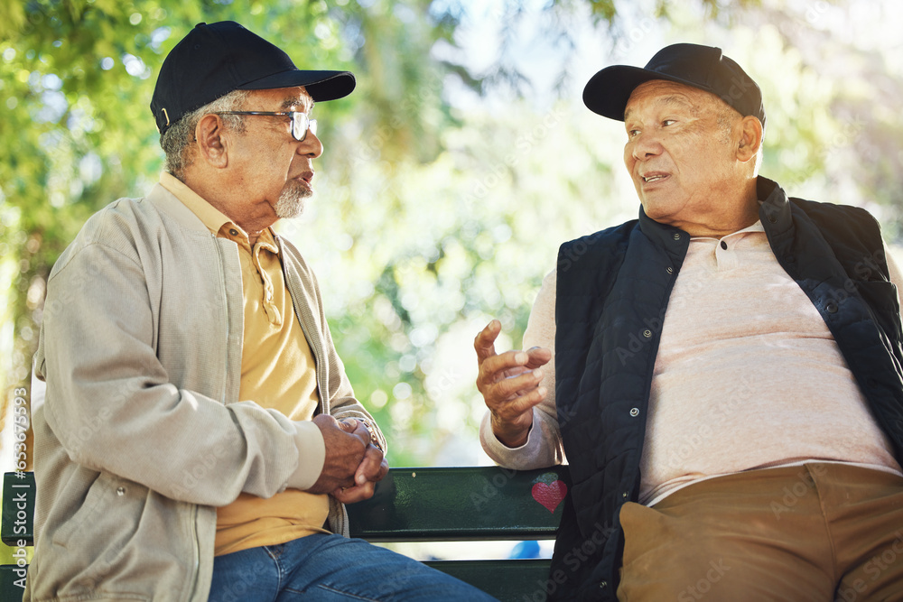 Elderly men, park and communication with friendship, nature and ...