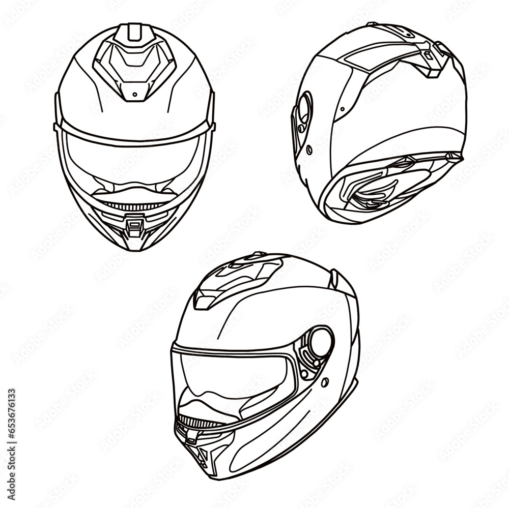 Technical sketch drawing of full face helmet line art, front, rear and ...