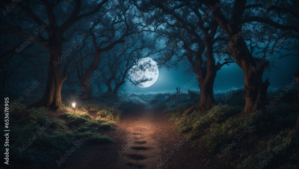 Halloween-themed, Spooky Moonlit Path: A pathway illuminated by a full ...