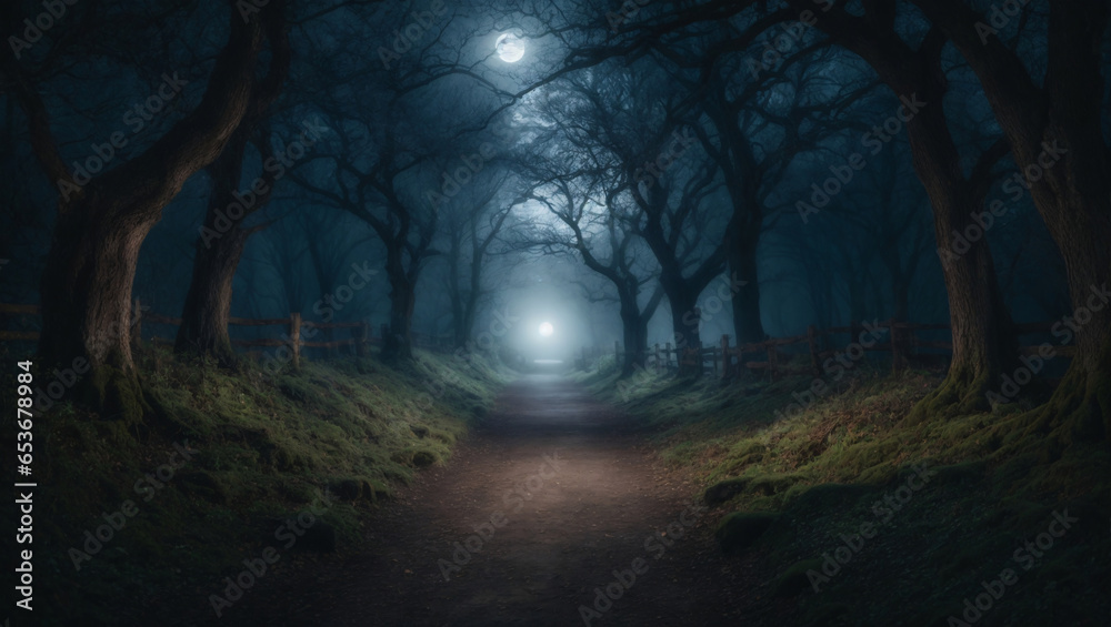 Halloween-themed, Spooky Moonlit Path: A pathway illuminated by a full ...