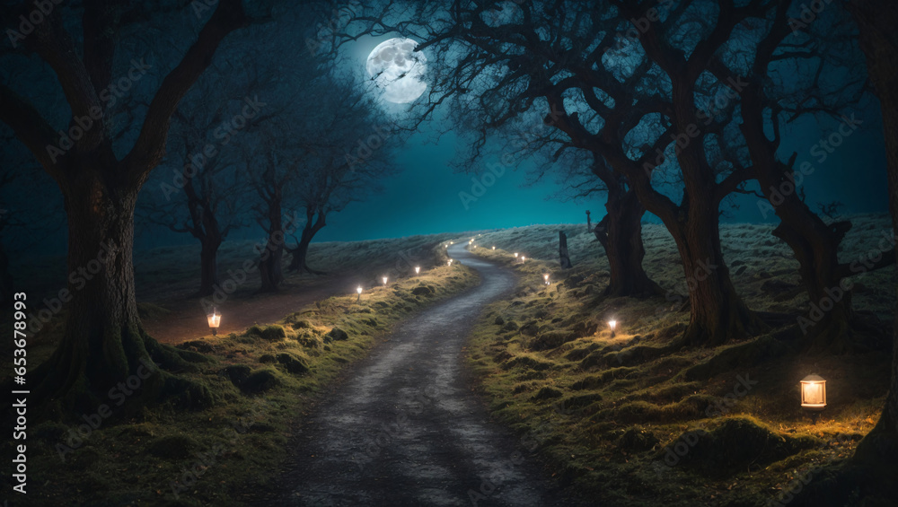 Halloween-themed, Spooky Moonlit Path: A pathway illuminated by a full ...