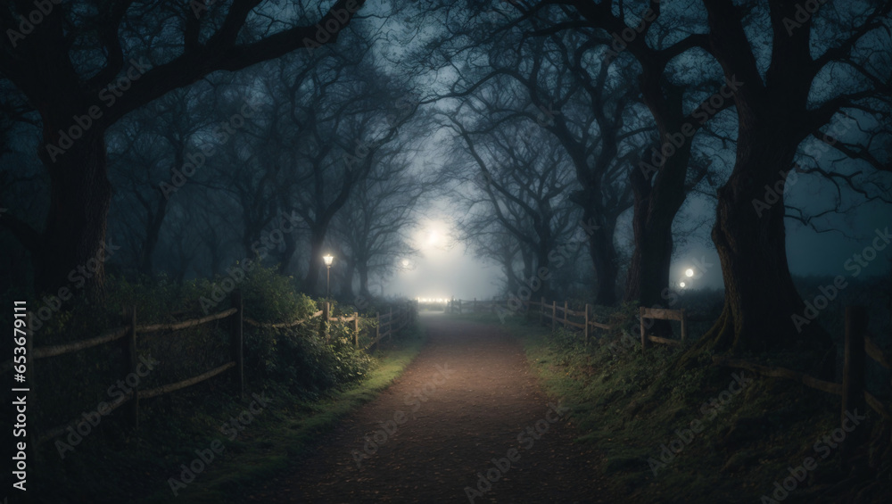 Halloween-themed, Spooky Moonlit Path: A pathway illuminated by a full ...