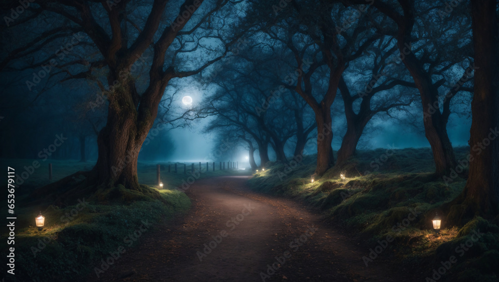 Halloween-themed, Spooky Moonlit Path: A pathway illuminated by a full ...