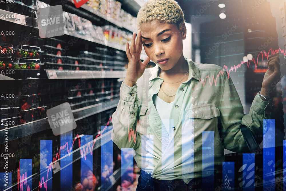 Woman, grocery shopping and inflation stress, price increase and ...