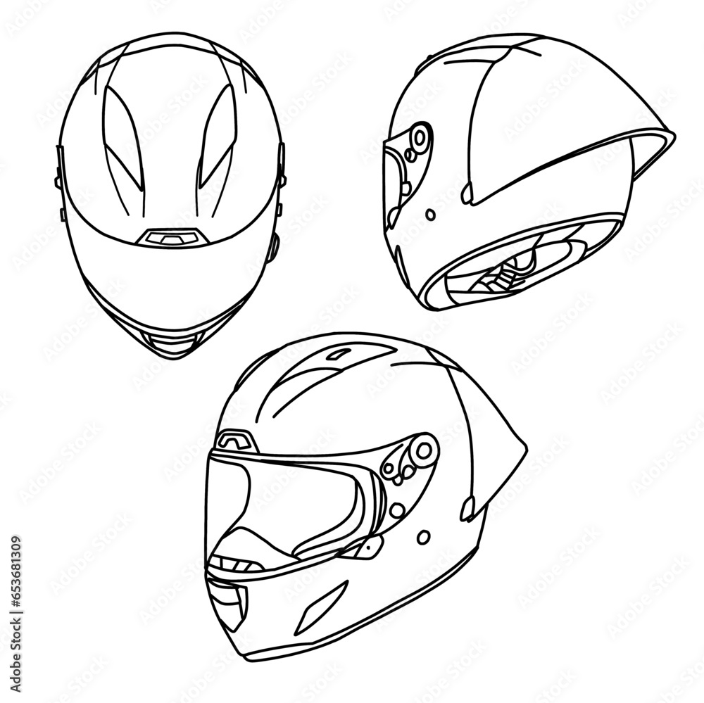 Technical sketch drawing of full face helmet line art, top, side and ...