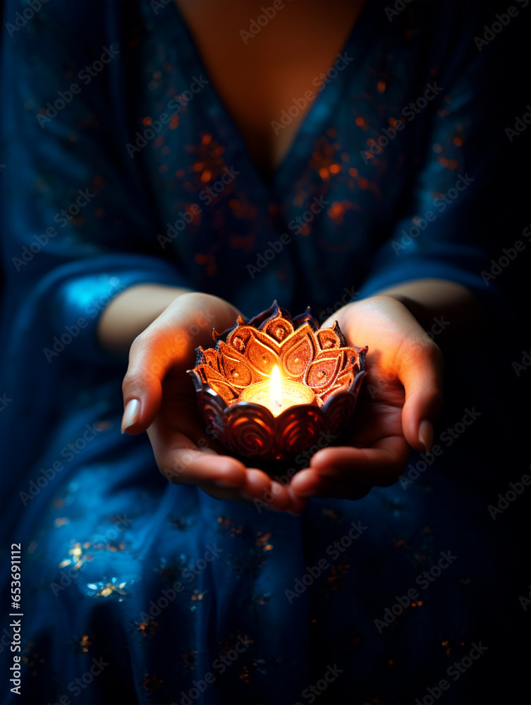 Lady holding diya in hands happy diwali background - ai generative ...