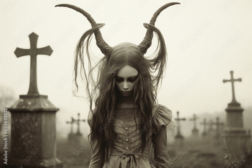 Eerie stillness of a forgotten graveyard shrouded in mist with a ...