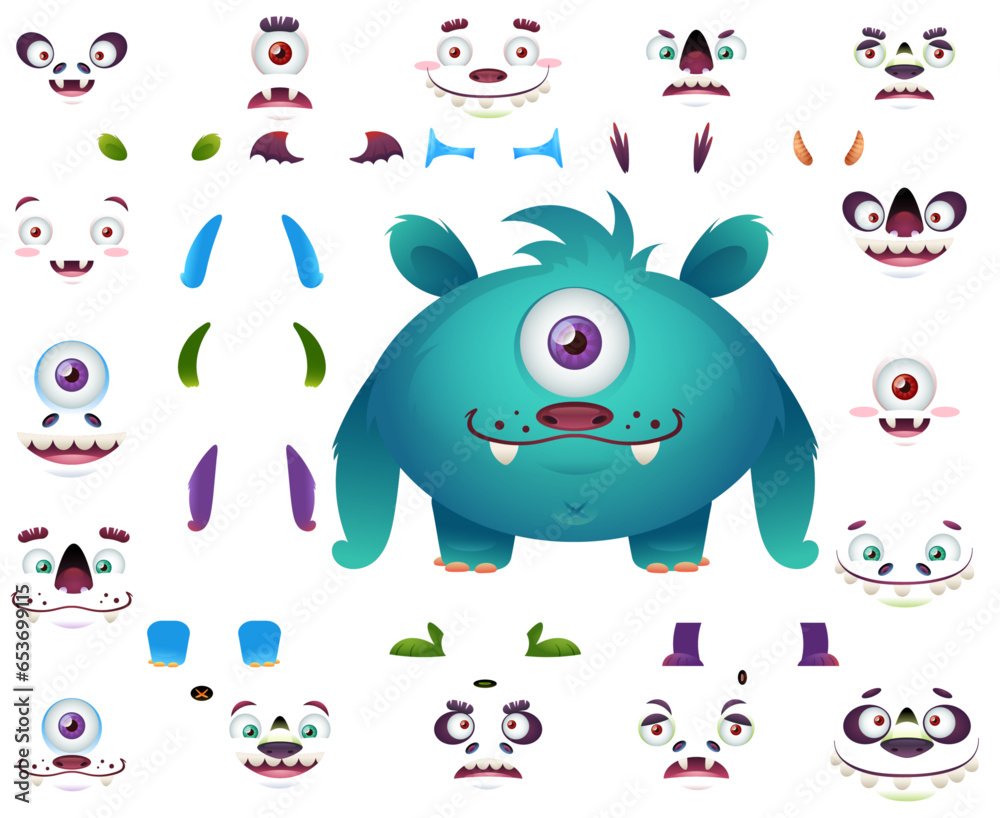 Cute monster cartoon character constructor kit with body parts ...