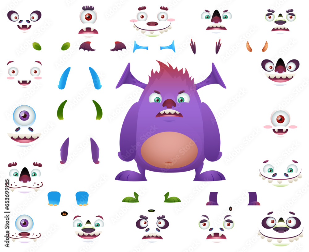 Cute monster cartoon character constructor kit with body parts ...