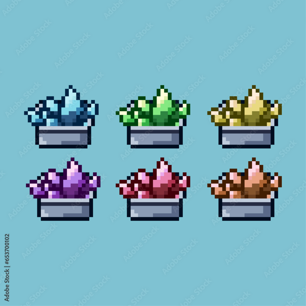 Pixel art sets of crystal in the box with variation color item asset simple bits of crystal ...
