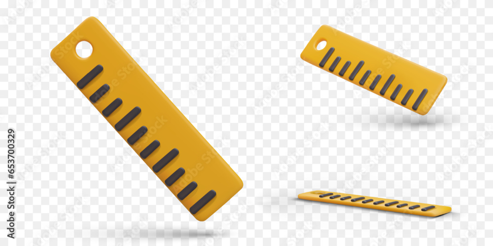 3D yellow plastic ruler. Device for measuring length and width. School ...